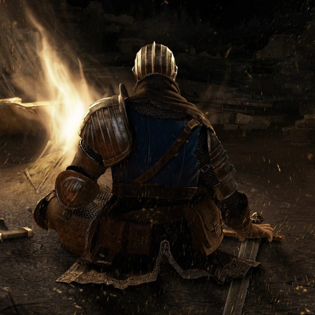 Preview wallpaper dark souls, bonfire, sword, character, relax 2048×2048