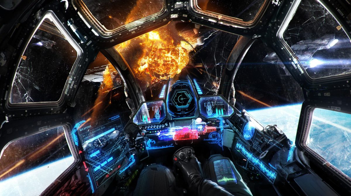 General artwork science fiction space spaceship HUD explosion cockpit